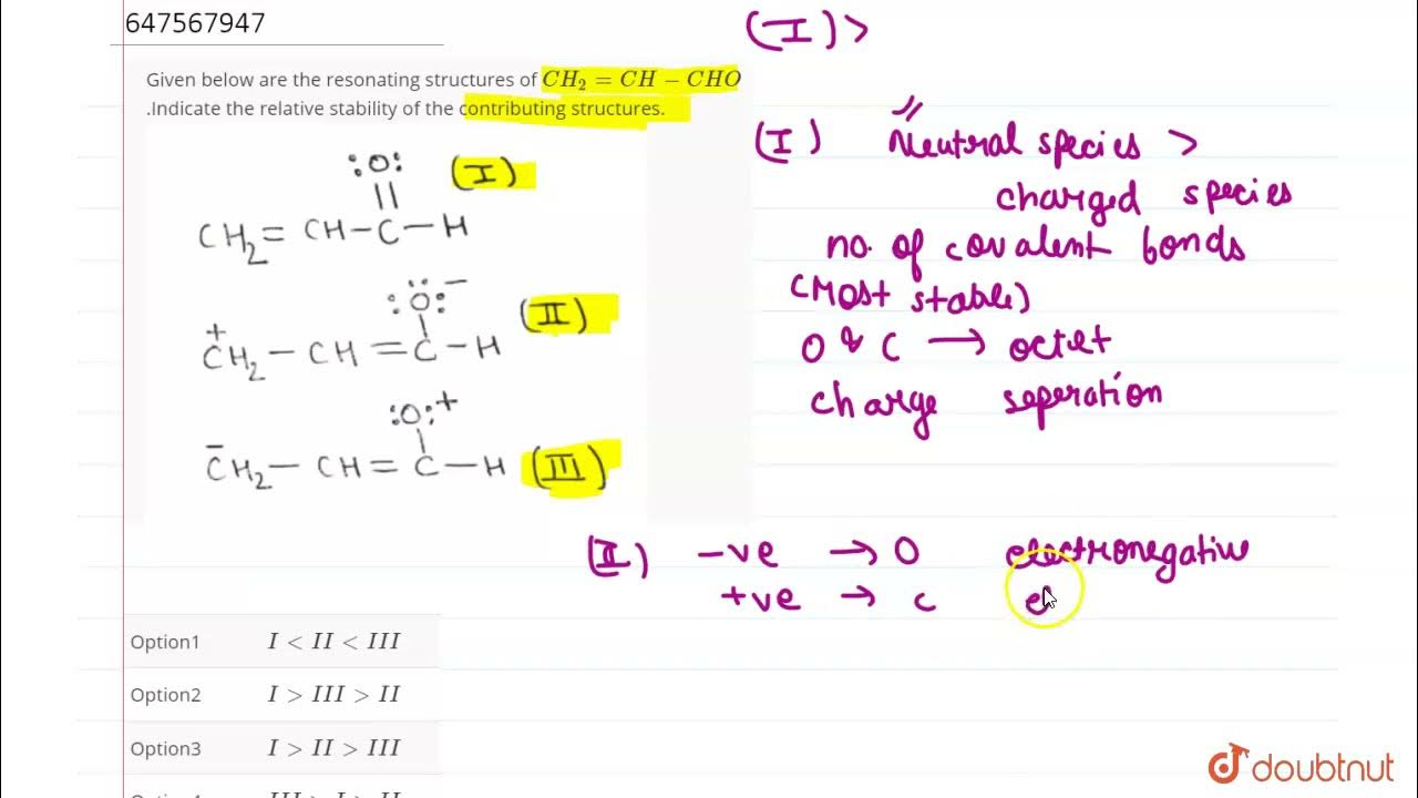 Given below are the resonating structures of CH_2=CH-CHO.Indicate the relative stability of the ...