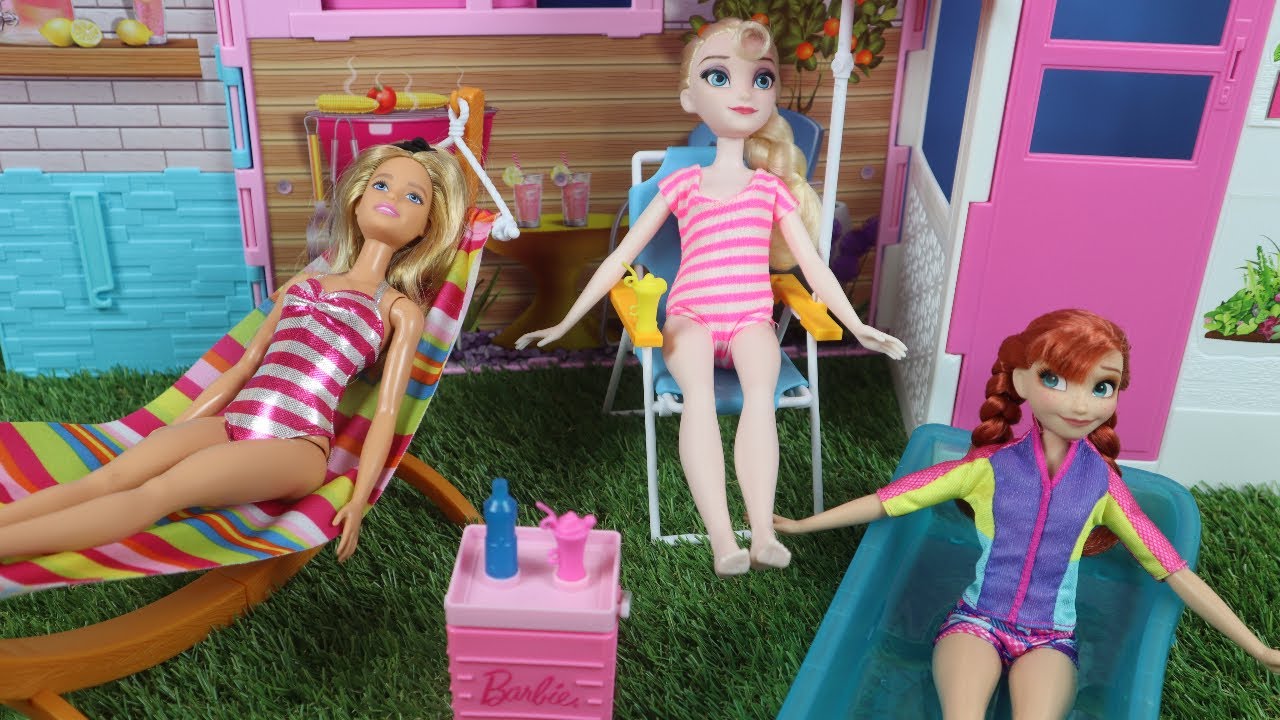 Elsa Anna Barbie Dolls Garden POOL Day - YouTube