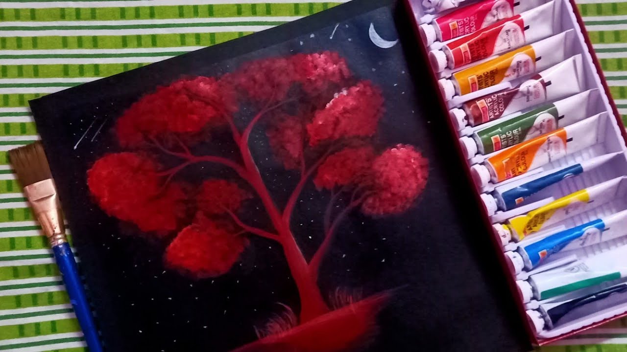 Red tree on black canvas/ acrylic painting - YouTube