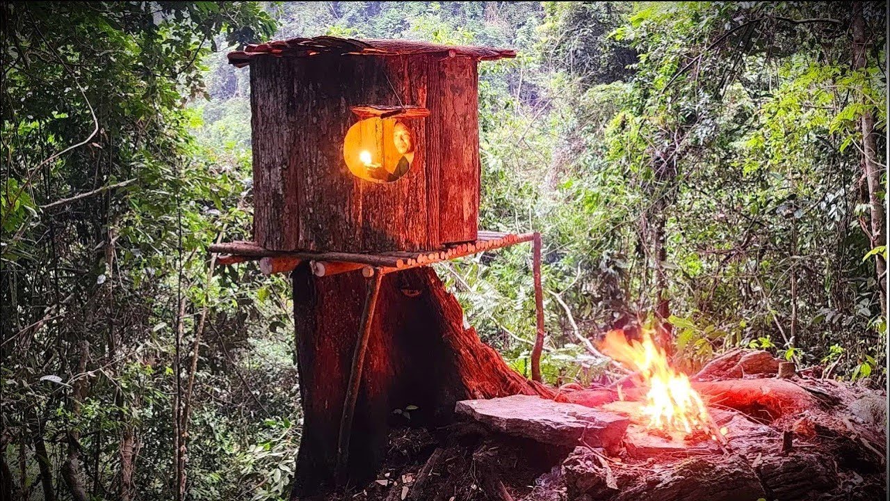 I Built a Hidden Shelter in the Jungle inside a giant tree / King Of ...