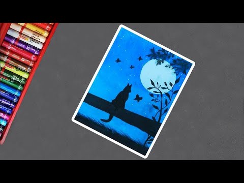 Easy cat moonlight scenery drawing with oil pastel step by step|Drawing for beginners oil pastel