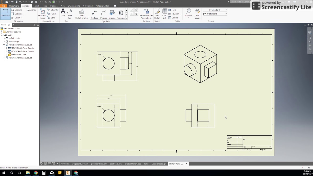 Autodesk 2018 Orthographic Drawing Tutorial - Sketch Plane Cube - YouTube