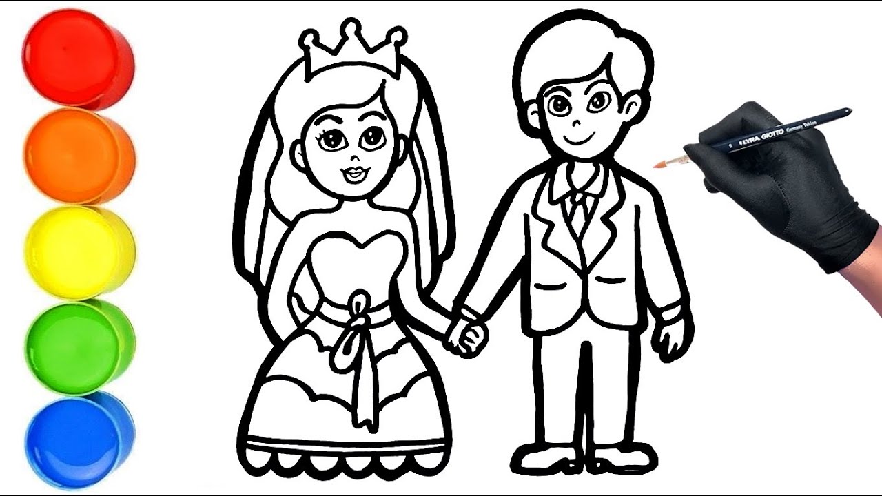Drawing and Coloring Cute Bride and Groom very easy for beginner ...