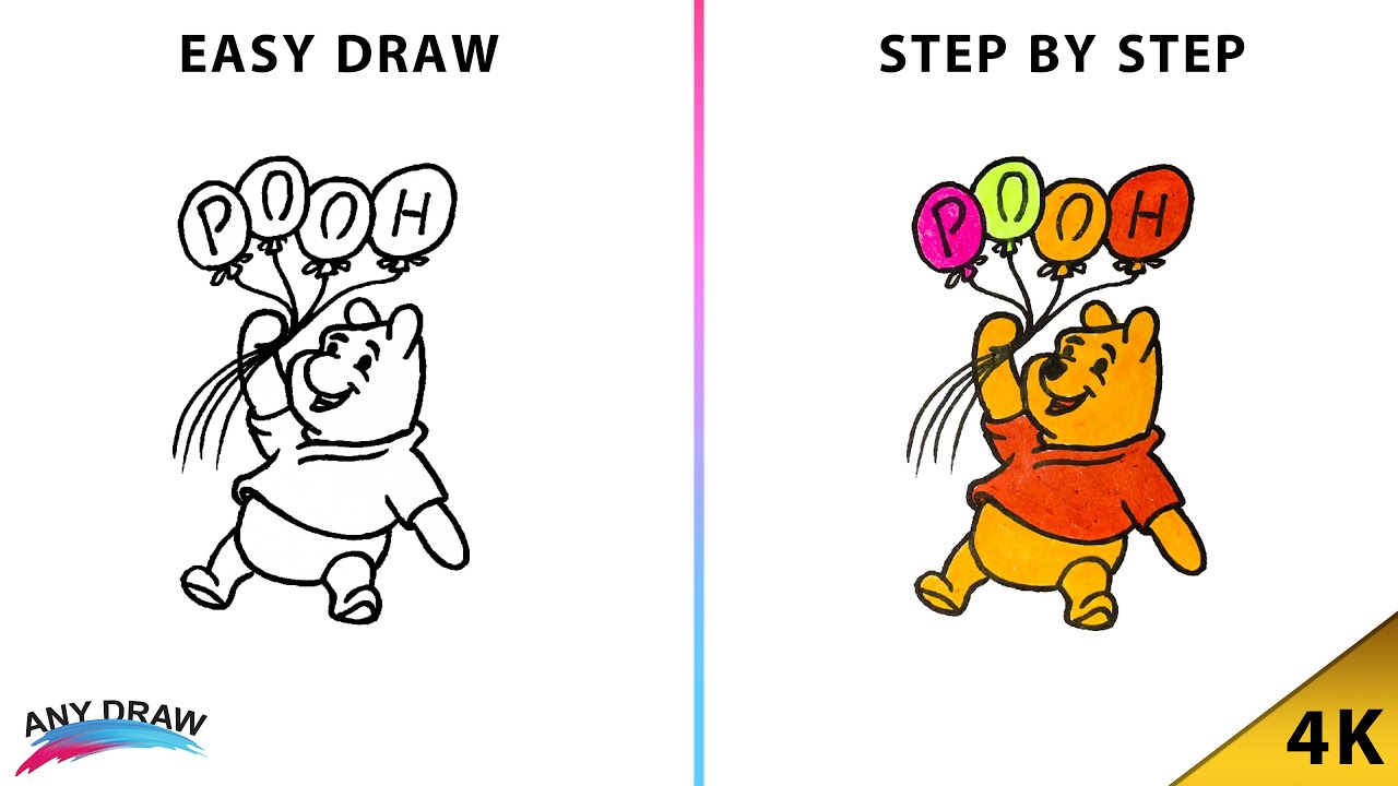 How to draw a Pooh with Balloon | Easy drawings - YouTube
