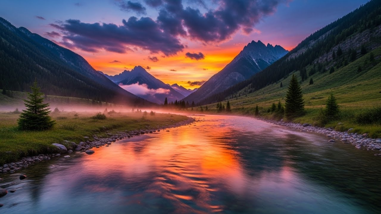 River Sunset in the Mountains – Soothing Melody Music for Relaxation ...