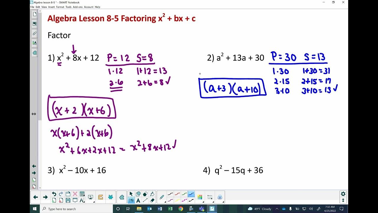 Algebra Lesson 8 5 Factoring x^2 +bc + c - YouTube
