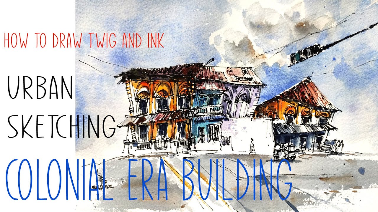 How to draw Twig , Ink and Watercolor /Colonial Era Building/ - YouTube