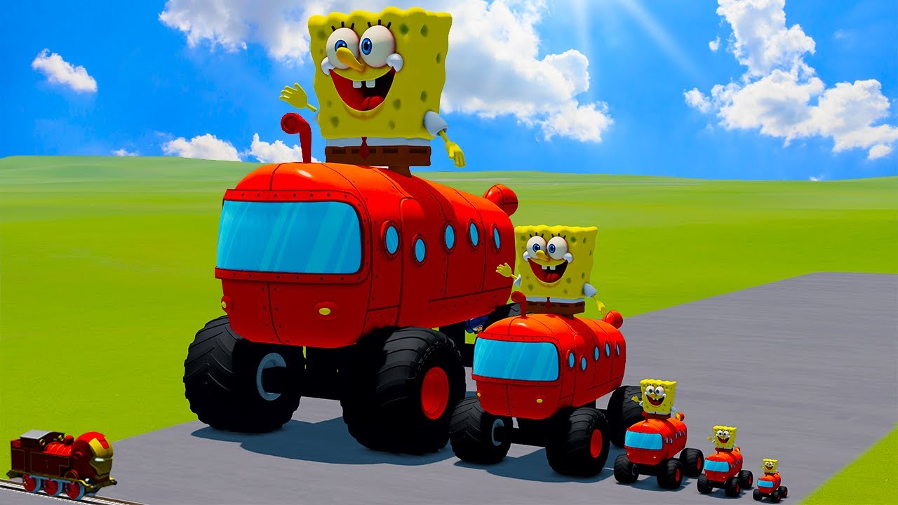 Big & Small SpongeBob Monster Truck Bus VS McQueen VS Iron Man The Tank ...