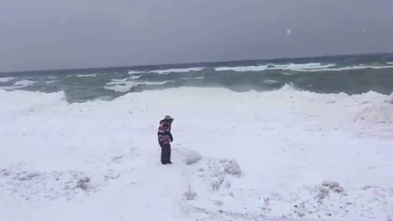 Lake Michigan Winter Madness Charlevoix Ice Wind Wave Action 2014 - YouTube