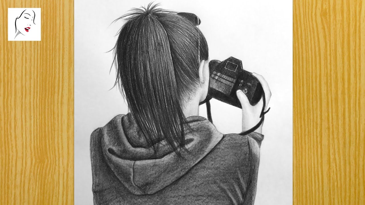 How to draw a girl with holding camera | Girl sketch of a girl ...