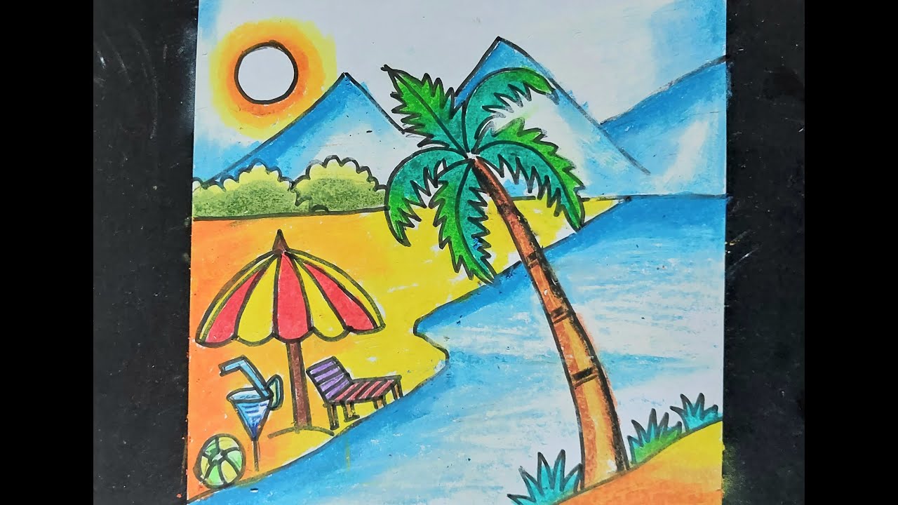 Summer season drawing in sea beach | How to draw a sea beach scenery ...