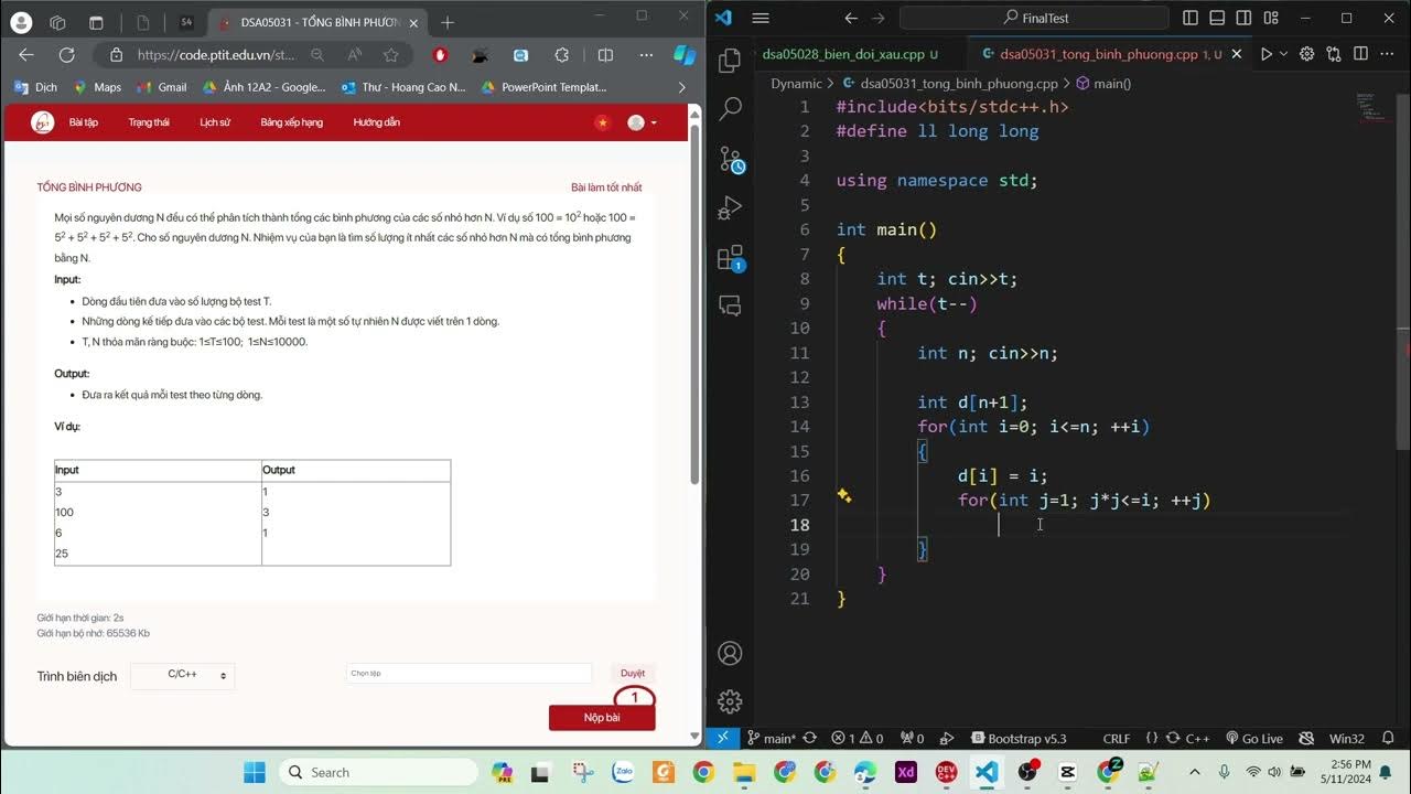 DSA with C++ | CODEPTIT | Quy hoạch động | DSA05031 - Tổng bình phương - YouTube