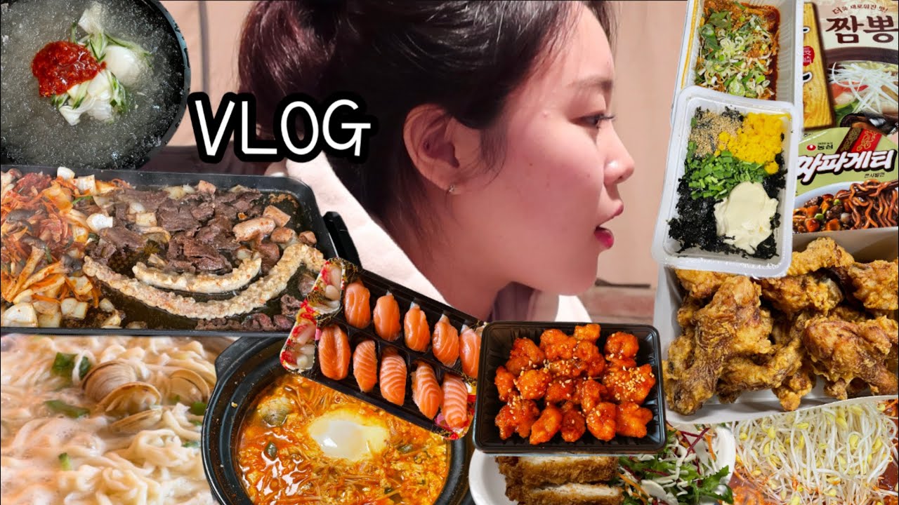 먹방 브이로그 제 먹방은 시즌제 아니고 무한제입니다 모닝 곱창굽기냉면 오돌뼈주먹밥 다사랑치킨 순두부찌개연어초밥짜파게티글램핑 먹부림칼국수 바베큐부대찌개