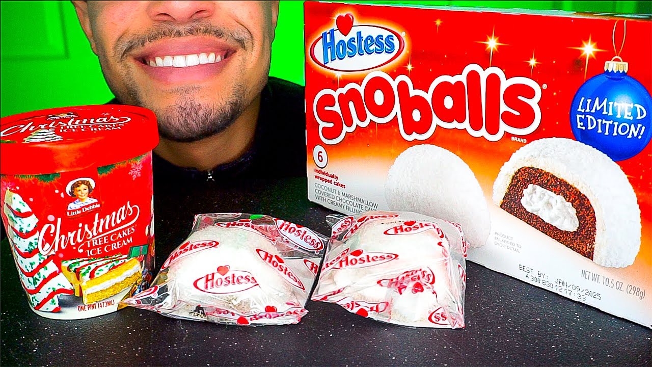 ASMR LITTLE DEBBIE CHRISTMAS TREE CAKES SNOBALLS CHOCOLATE CAKE BALLS ...