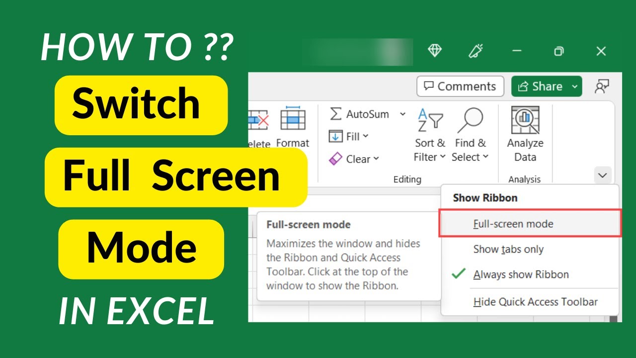 How to switch to full screen in Excel | Full screen trick | Exit from ...