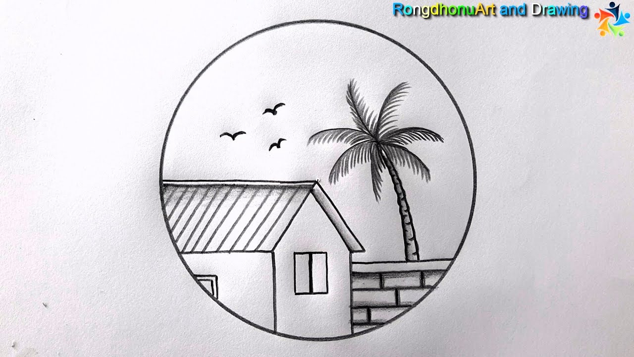 House of Scenery in Circle⭕⭕ Pencil Drawing - YouTube