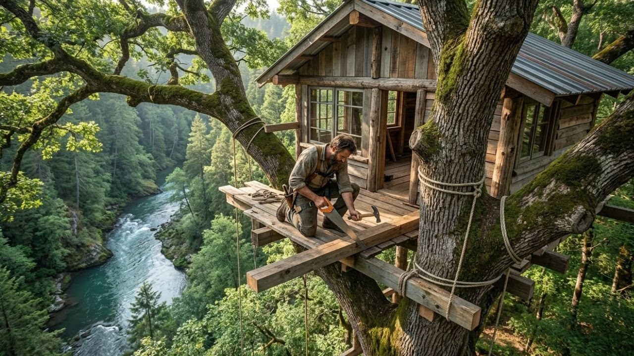Alone in the Mountains This Man Building a Cozy Treehouse Cabin on Two ...