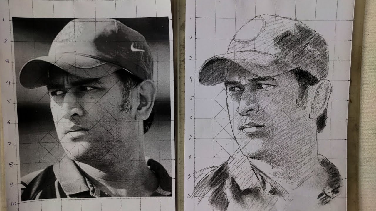 How to make "MS DHONI" drawing step-by-step with grid method. - YouTube