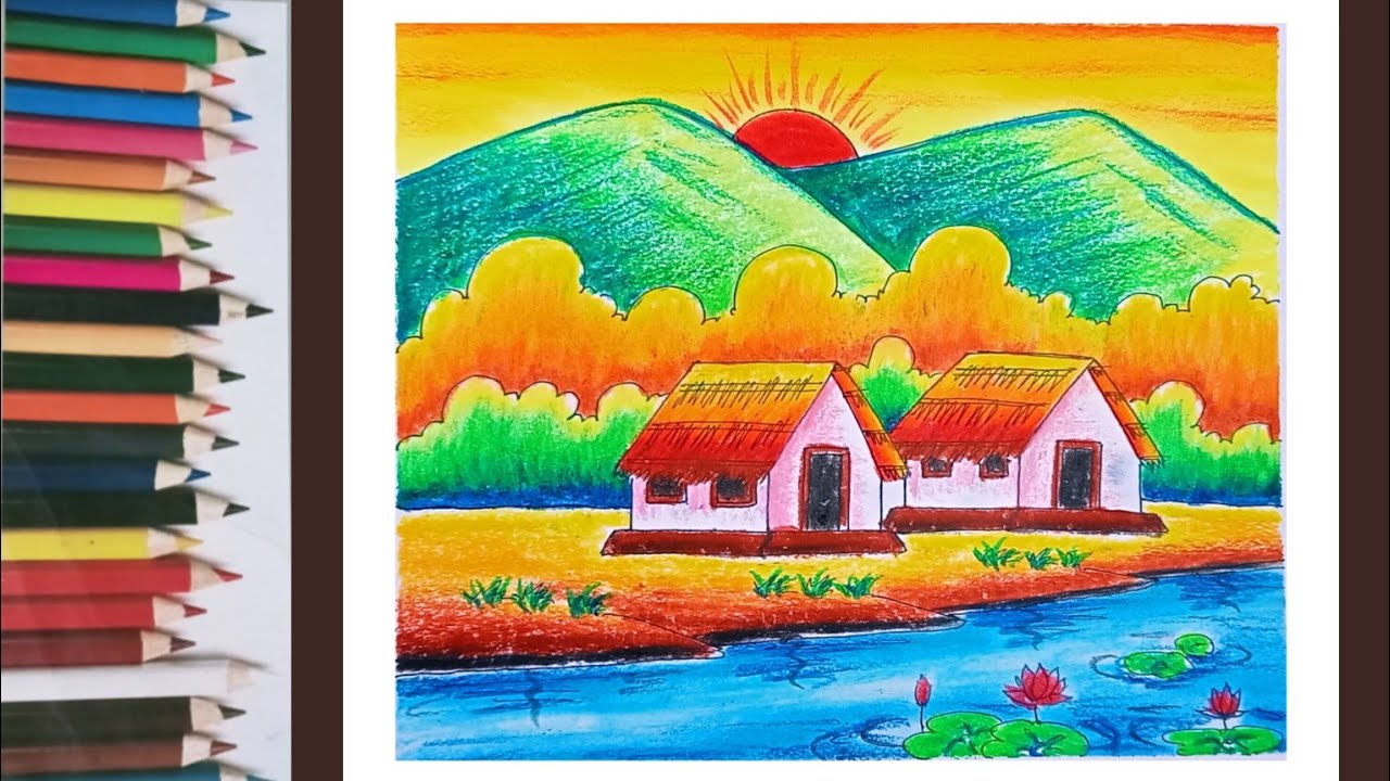 Beautiful scenery drawing with pencil colour || How to draw scenary ...