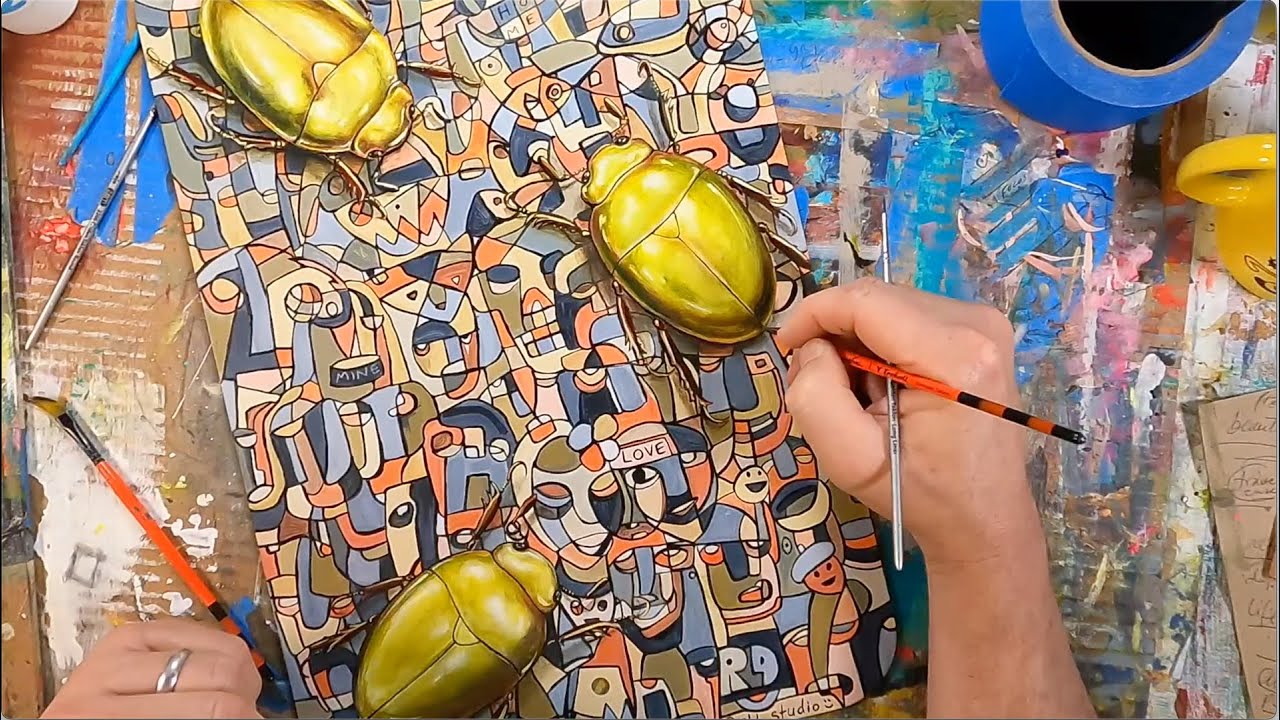 Painting Golden Scarabs Using Realistic & Abstract Styles on a Metal ...