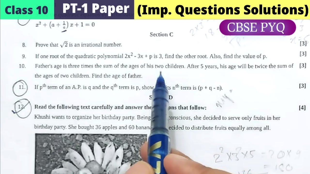 Class 10 Maths PT-1 Paper Important Question from Previous Year ...