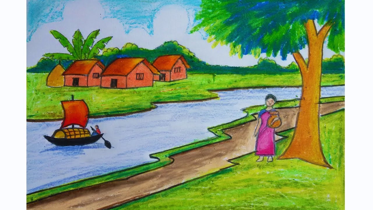 How to draw real village scenery with oil pastel | Scenery of Village ...