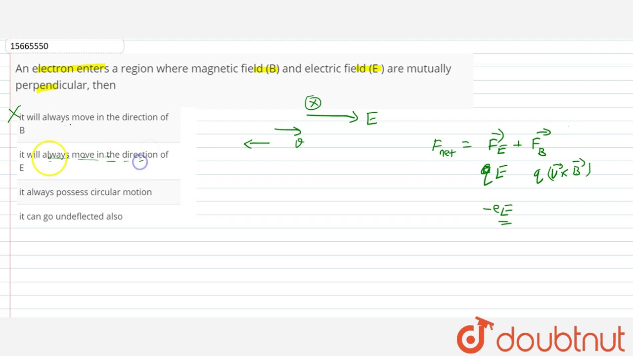 An electron enters a region where magnetic field (B) and electric field ...