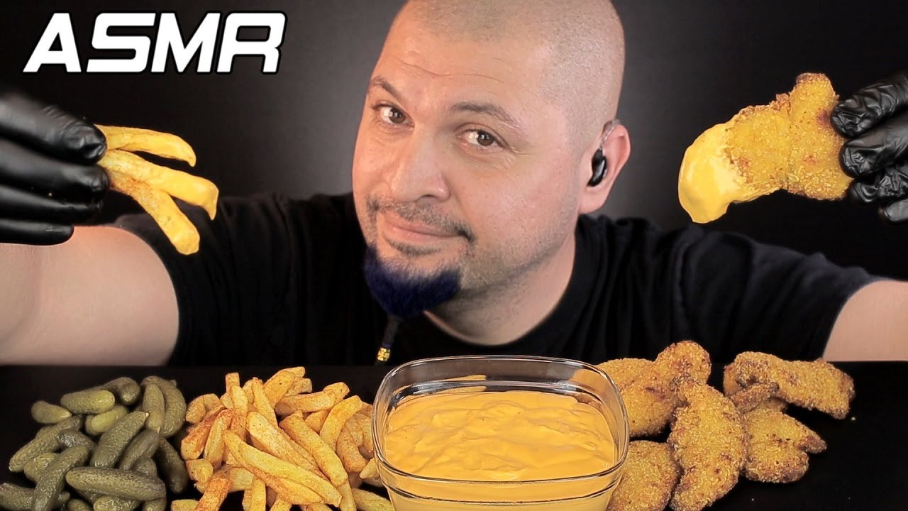 [ASMR] CHEESY FRIED CHICKEN STRIPS + FRIES + BABY PICKLES (No Talking ...