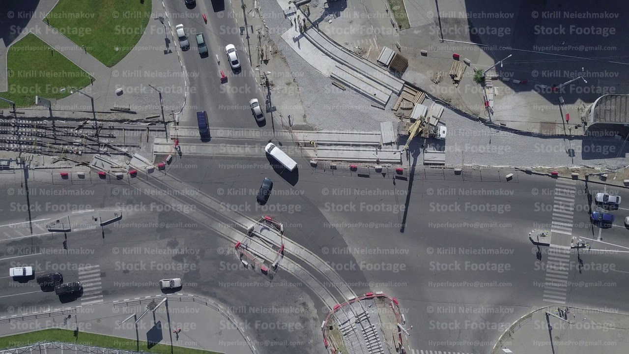 Road reconstruction with tram rails intersection, construction site ...