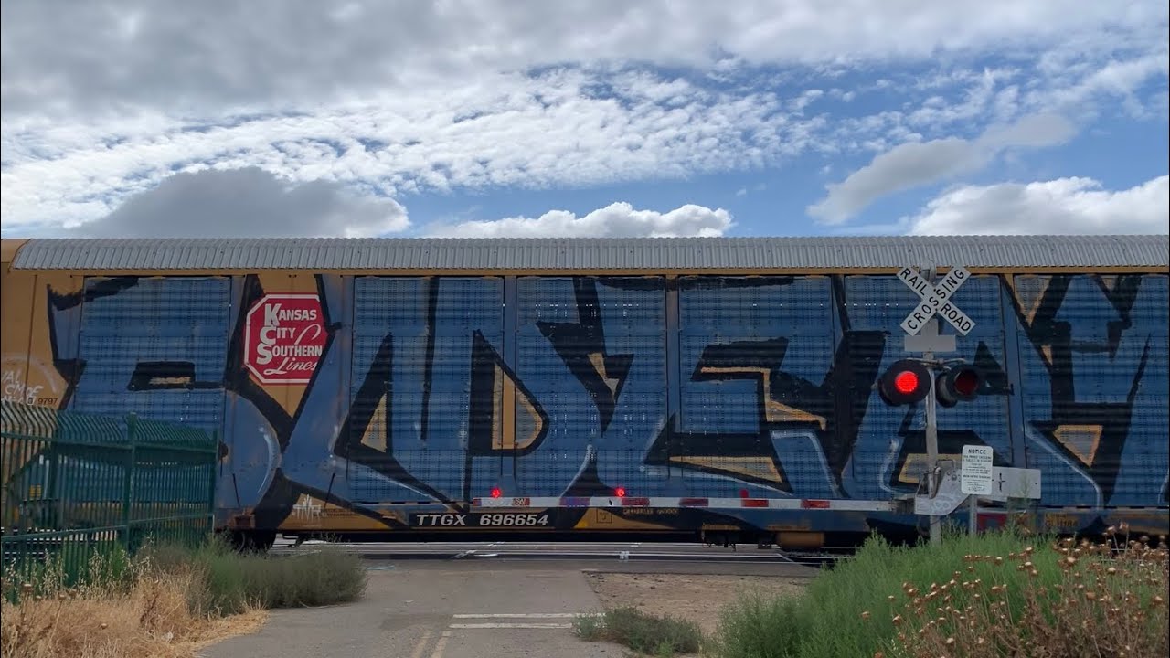 UP 5445 Autorack Train w/ Mid-DPUs North - Calaveras Bike Trail Pvt. Railroad Crossing, Stockton ...
