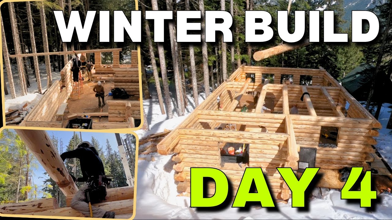 Day 4 | Extreme Log Cabin Winter Build | Loft Joists/Stairway install ...
