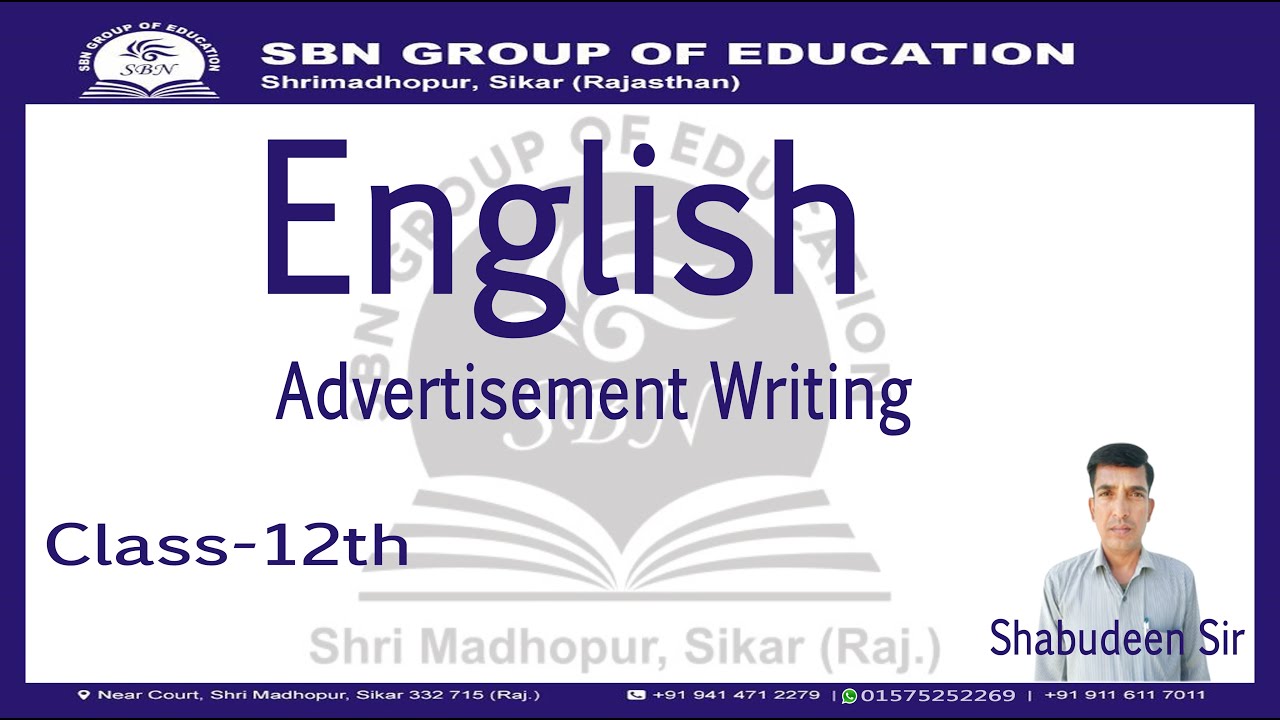 Class-12th, English:- Advertisement Writing (RBSE/CBSE/NCERT) - YouTube