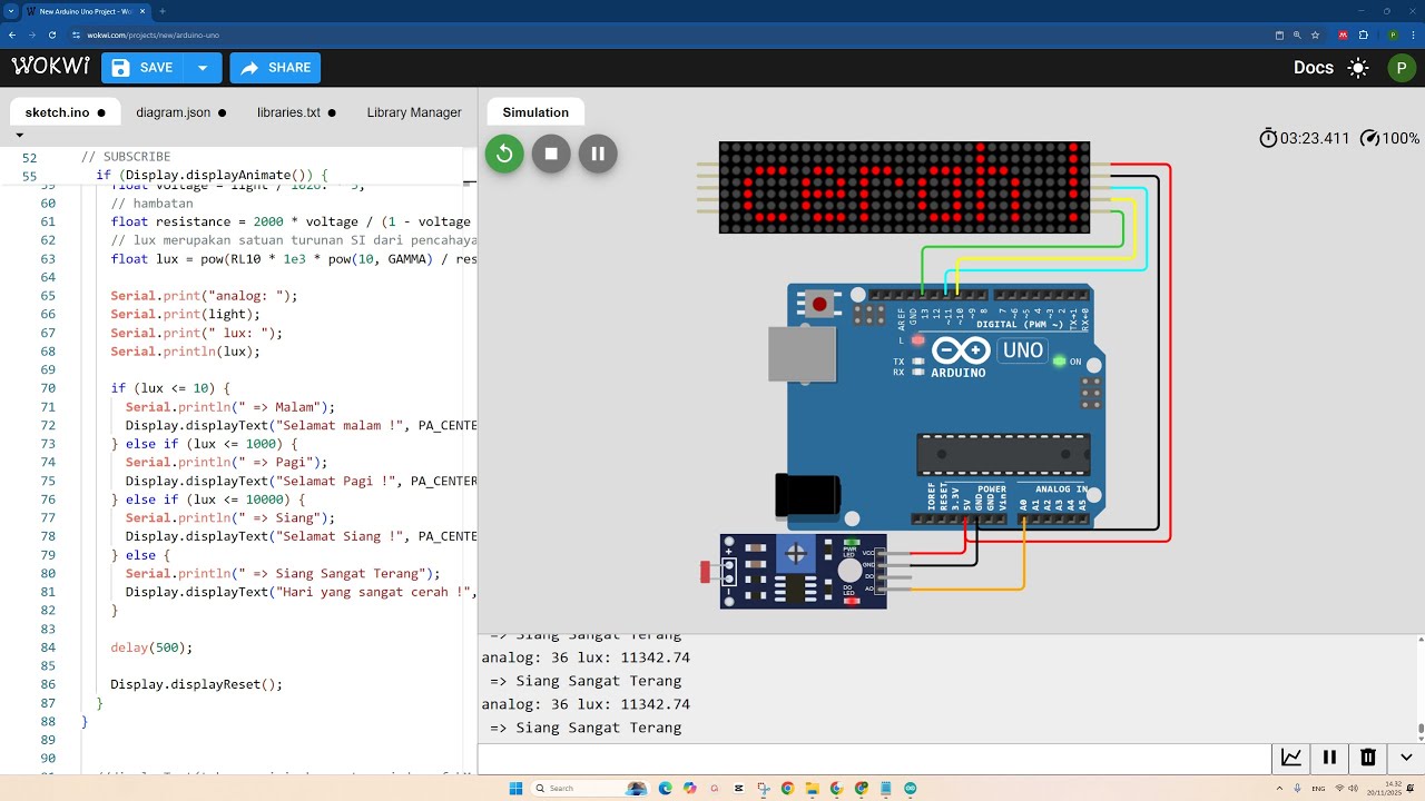 Membaca Sensor LDR dan Menampilkan Status di LED DOT Matrix SIMULATOR ...