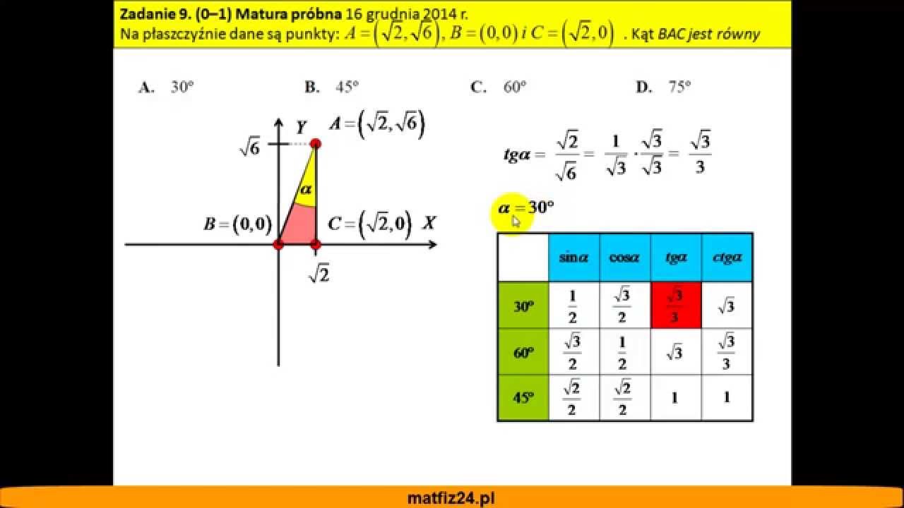 Matura próbna z matematyki 2015 CKE - zad 9 - Obliczanie kąta(tangens ...