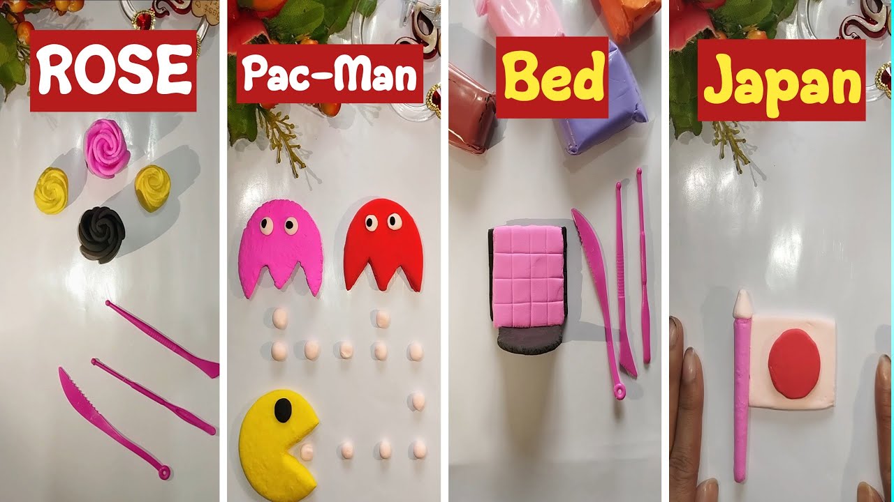 DIY How to make polymer clay miniature Rose , Bed , Pac-man , Flags ...