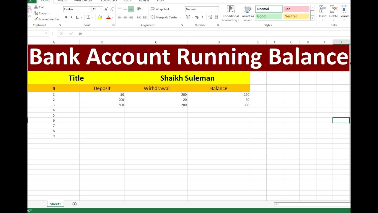 Bank Account Running Balance Calculation in Excel by learning center in ...