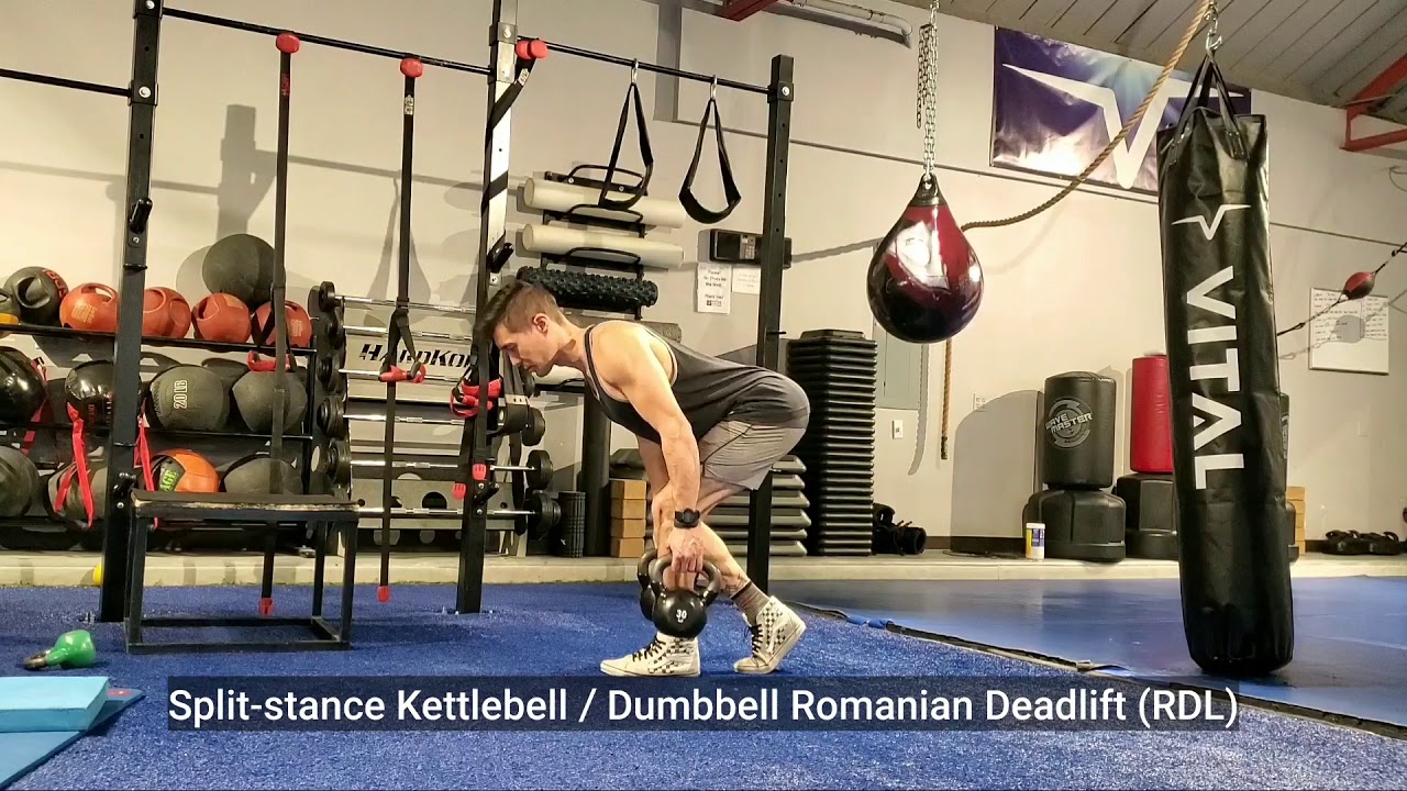 Split-stance Kettlebell / Dumbbell Romanian Deadlift (RDL) - YouTube