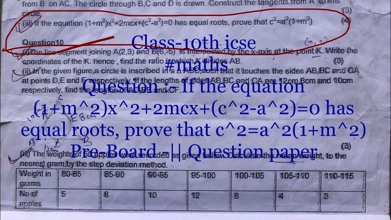 Class-10th icse #maths If the equation (1+m^2)x^2+2mcx+(c^2-a^2)=0 has ...
