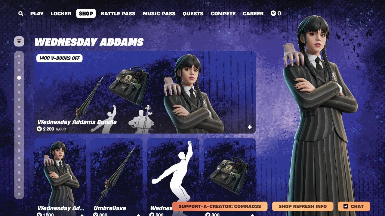 NEW Fortnite X Wednesday Addams Skin, Emote, and All Cosmetics - Item ...