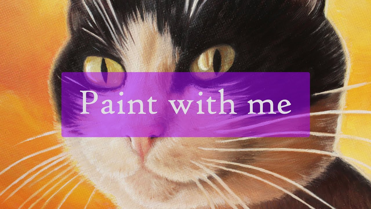 Paint with me. Oil painting of a cat portrait with a yellow sunset sky ...