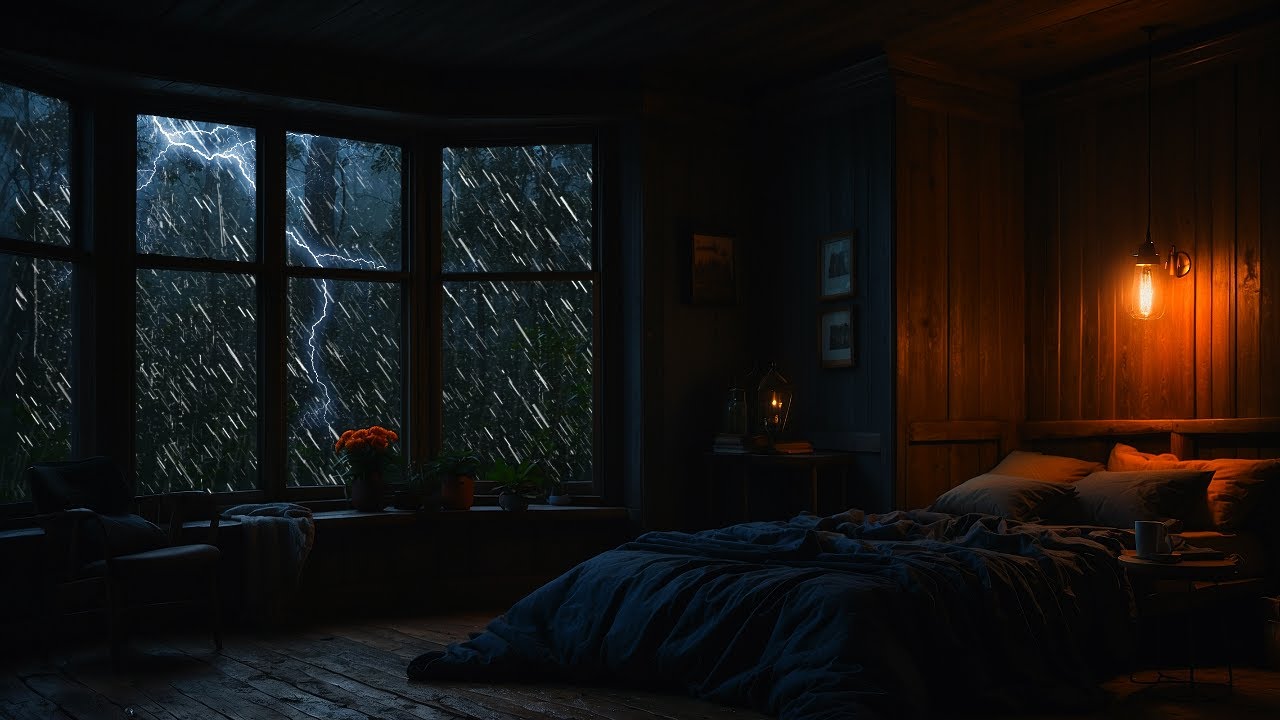 Peaceful Cabin Thunder Ambience 💤 with Rain Sounds for Deep Sleep 🌩️ ...