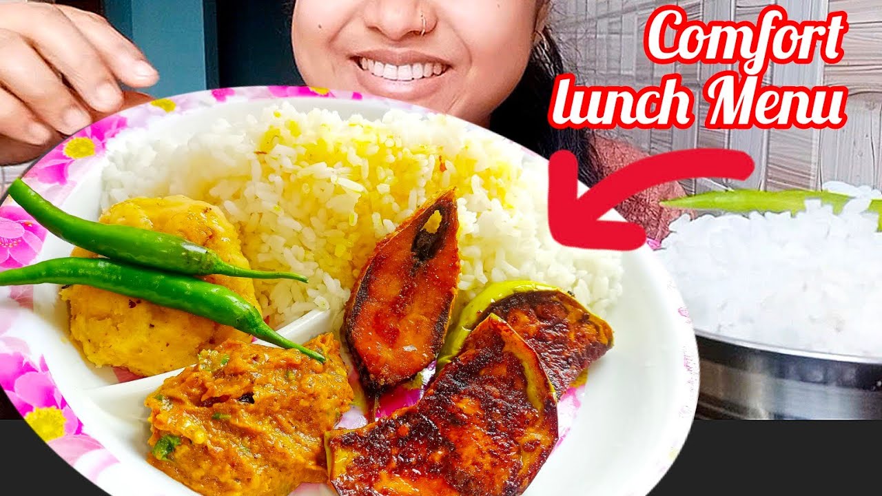 Comfort Lunch Menu,Rice With aloo bharta, tomato bharta, Brinjal fry ...