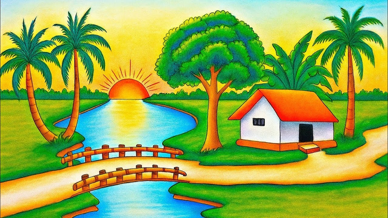 How to draw easy scenery drawing beautiful village landscape scenery ...