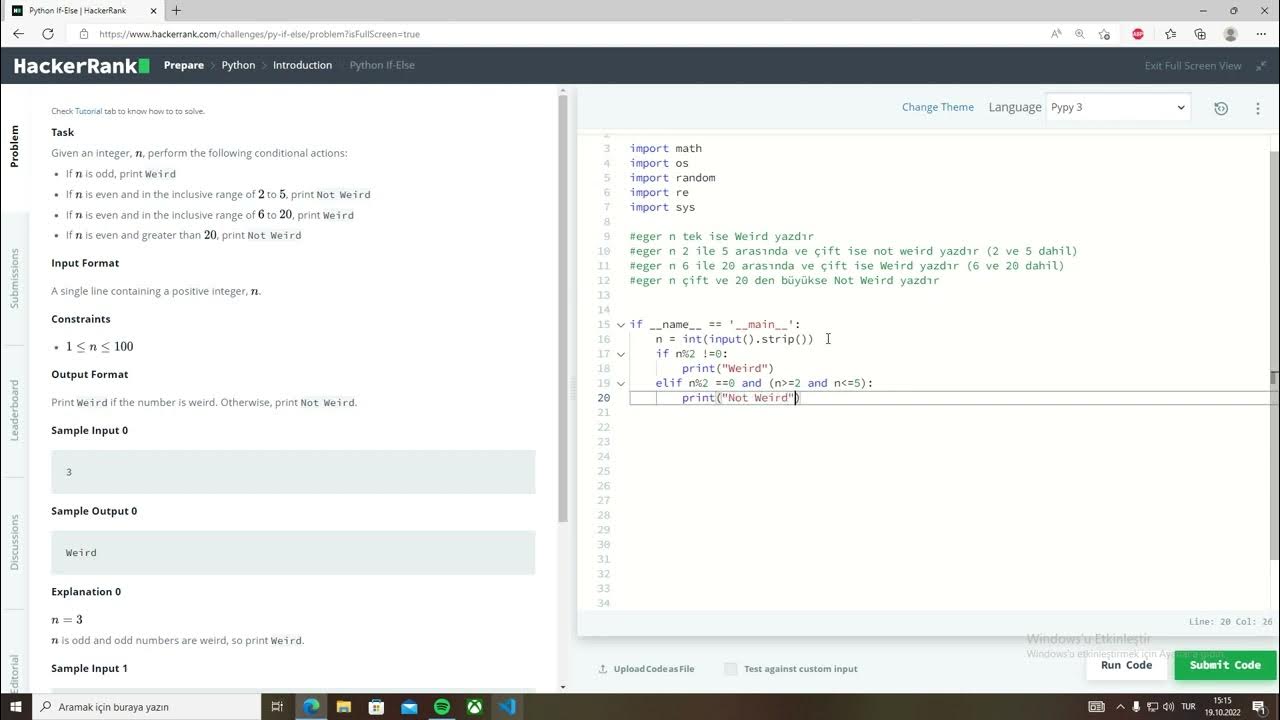 Hackerrank Python If Else Sorusu ÇözümütÜrkÇe Youtube