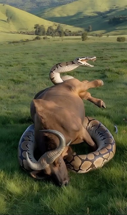 Giant PYTHON and BUFFALO fight each other on green pasture #animals - YouTube