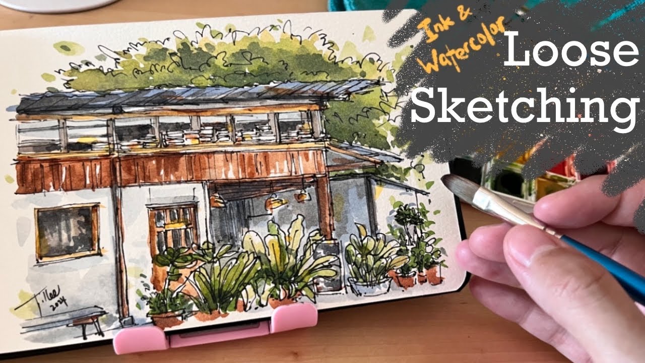 Loose ink and watercolor sketching| a little bookshop - YouTube