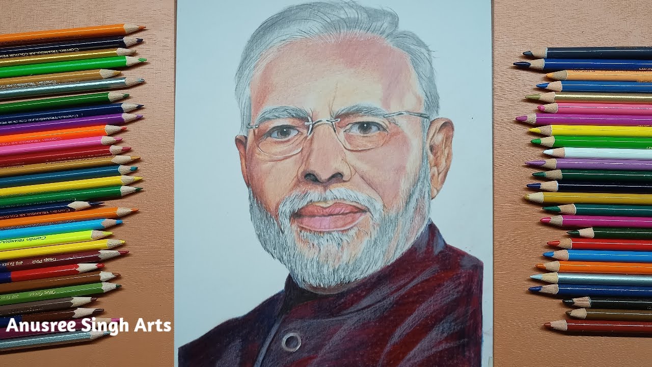 Prime minister of India: Narendra Modi drawing. Colour pencil portrait ...