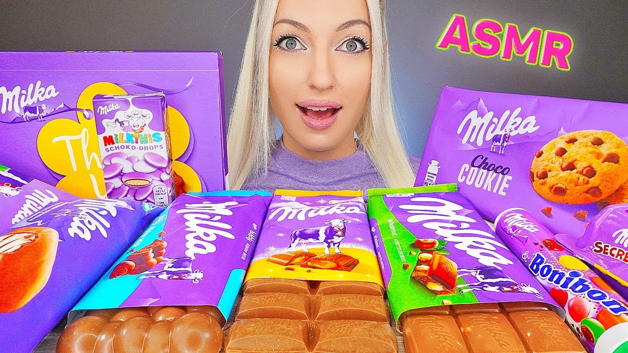 ASMR EATING CHOCOLATE MILKA, CANDY BARS, ICE CREAM, COOKIE (DESSERT) MUKBANG 초코 바, 디저트 먹방 - YouTube