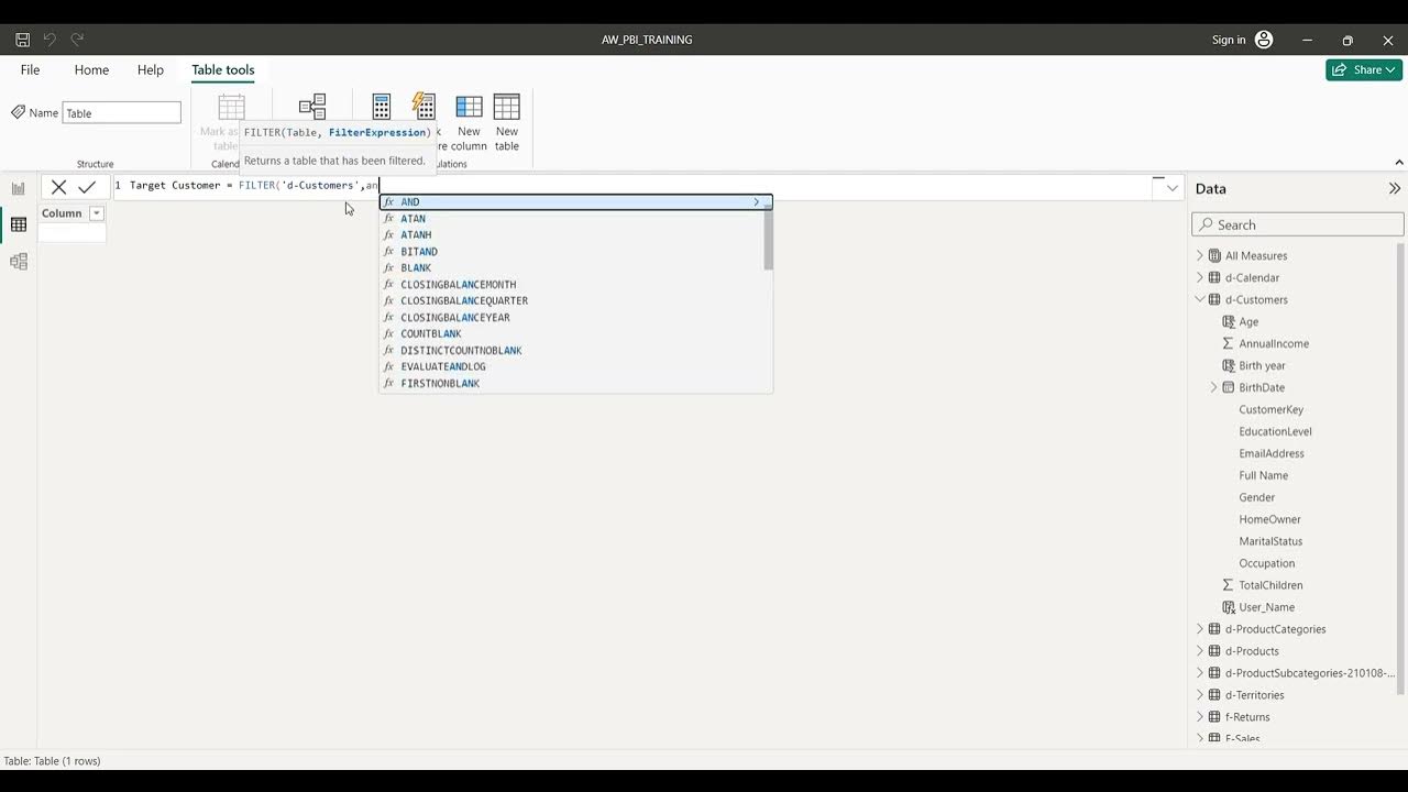 Building Calculate Table Using Filter Function - YouTube