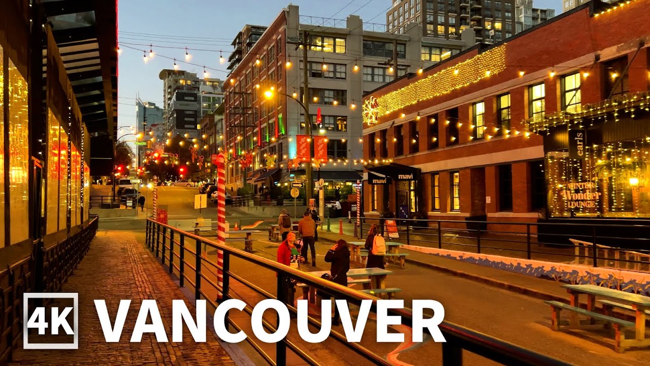 【4k】downtown Vancouver Night Walk In Christmas Season From Yaletown